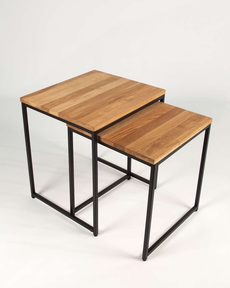 Set of 2 auxiliary tables Austral with natural oak top and black metal ...