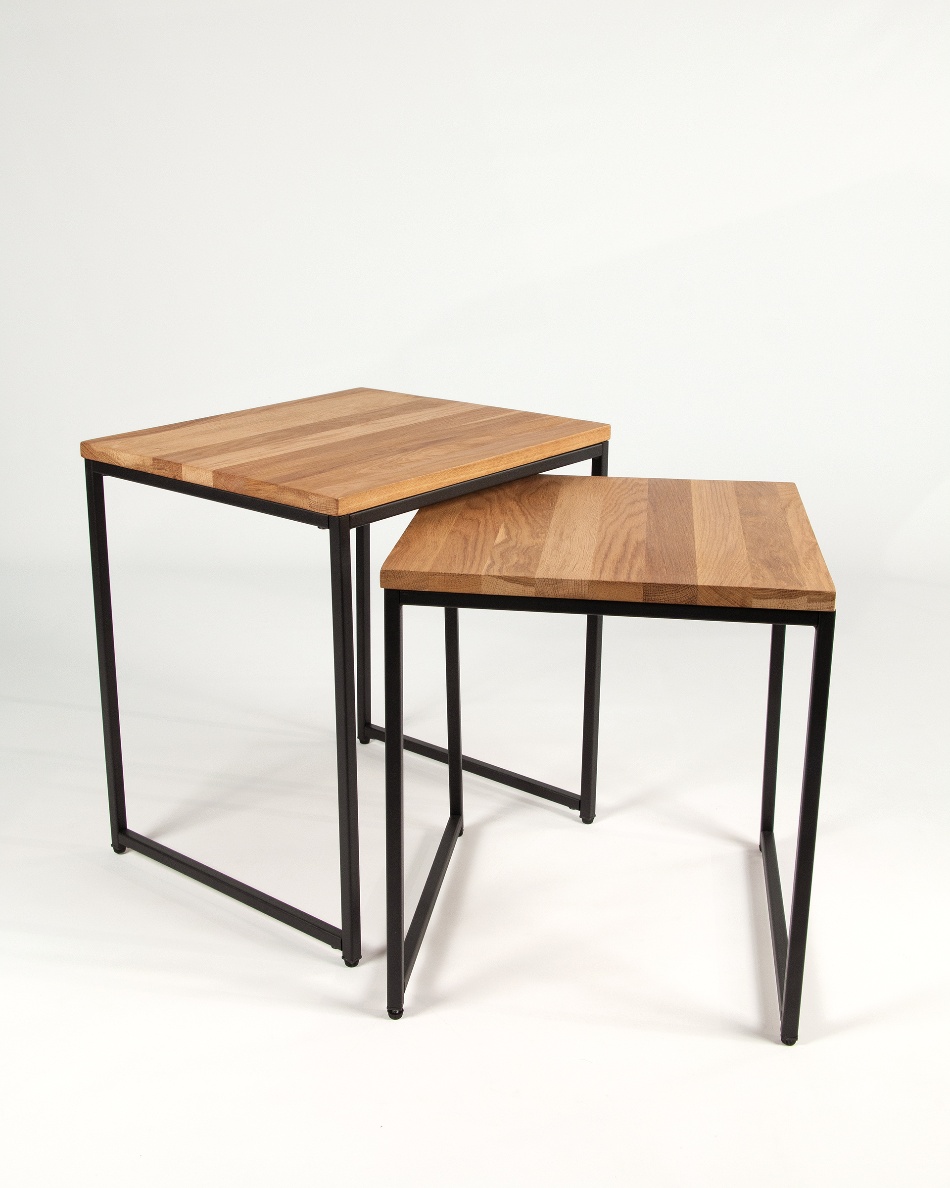 Set of 2 auxiliary tables Austral with natural oak top and black metal ...