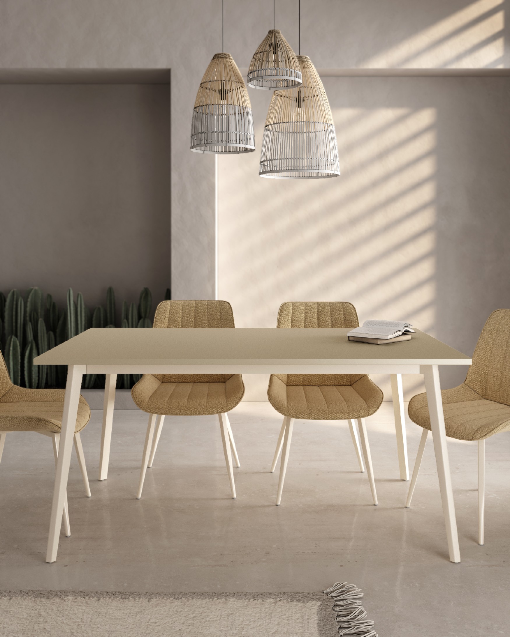 Mesa Kamba con sobre de melamina perla y pata metálica marfil 140 x 90 cm