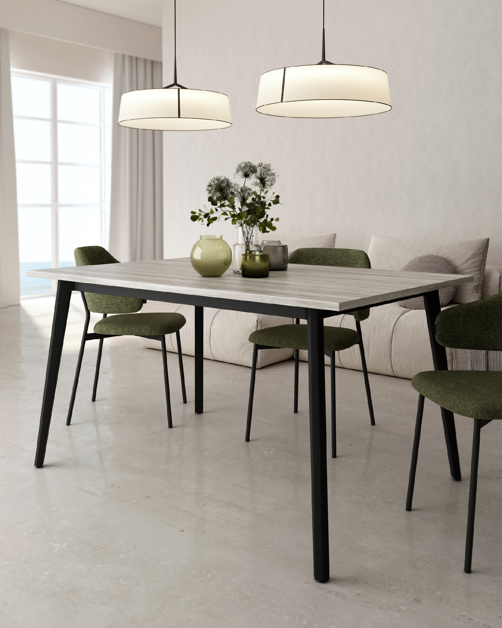 Mesa Kamba con sobre de melamina artic y pata metálica negra 180 x 90 cm
