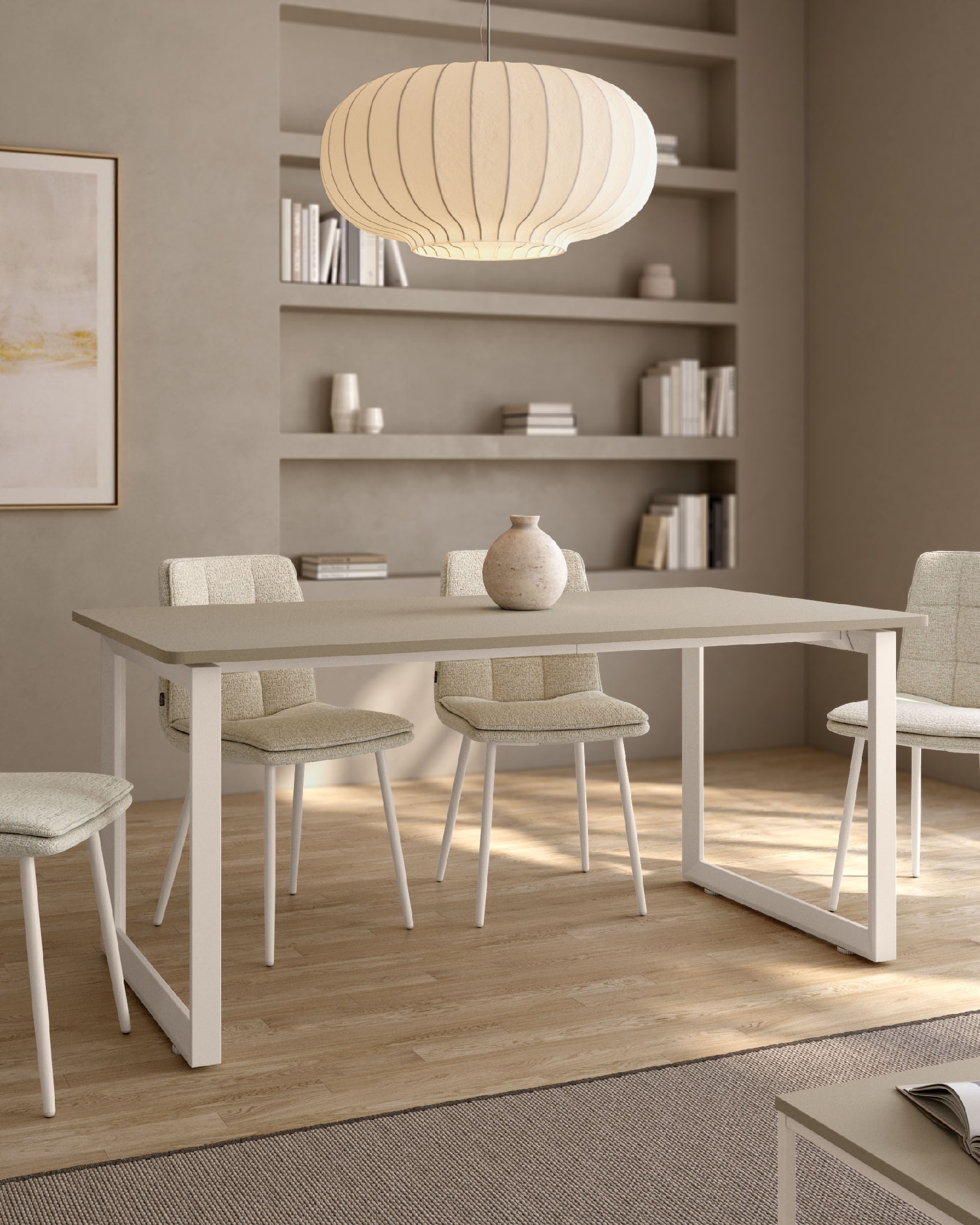 Loop Table with curved corners melamine pearl finish and ivory metal ...