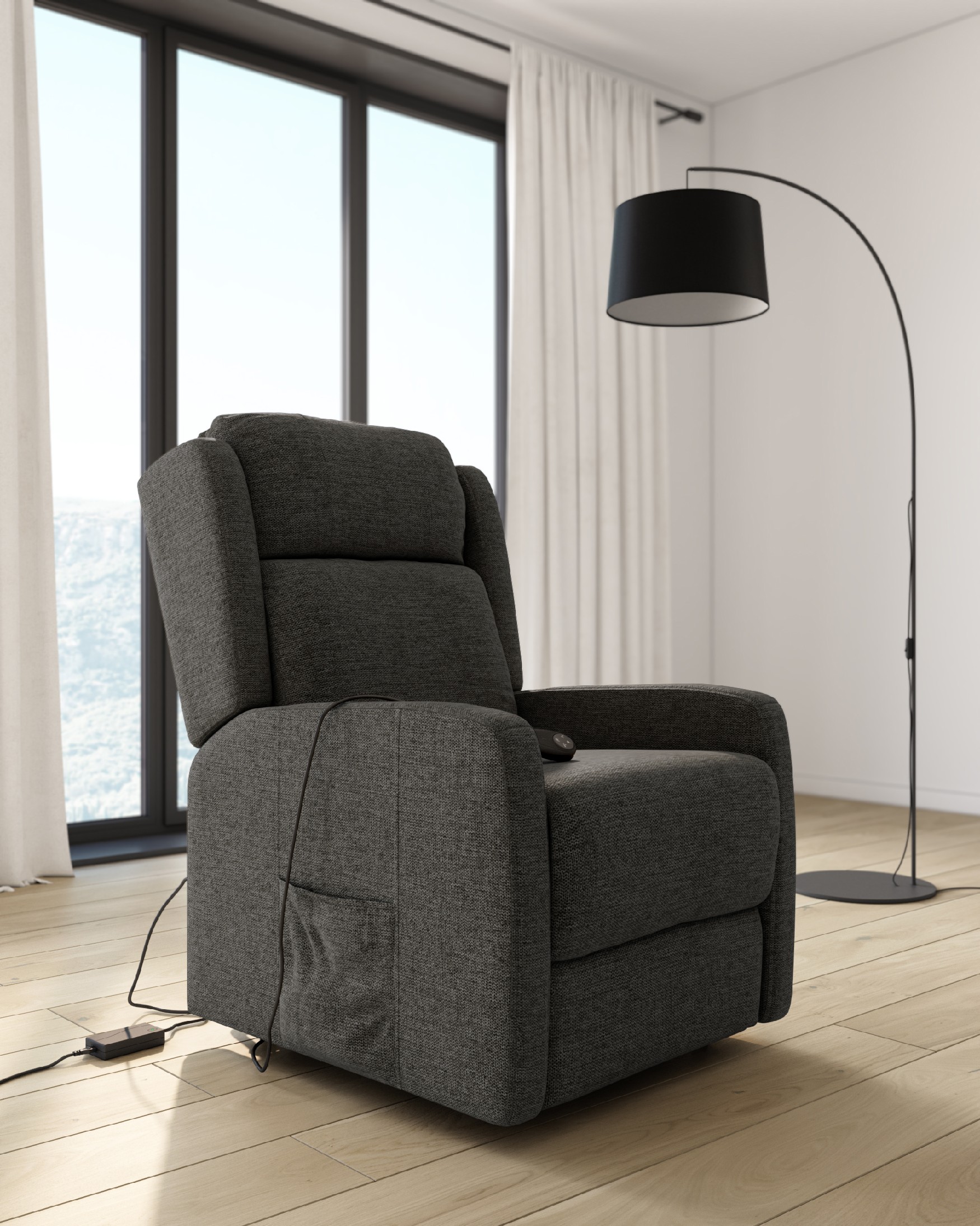 Butaca relax power lift de 2 motores Lupe con ruedas y tapizado pizarra