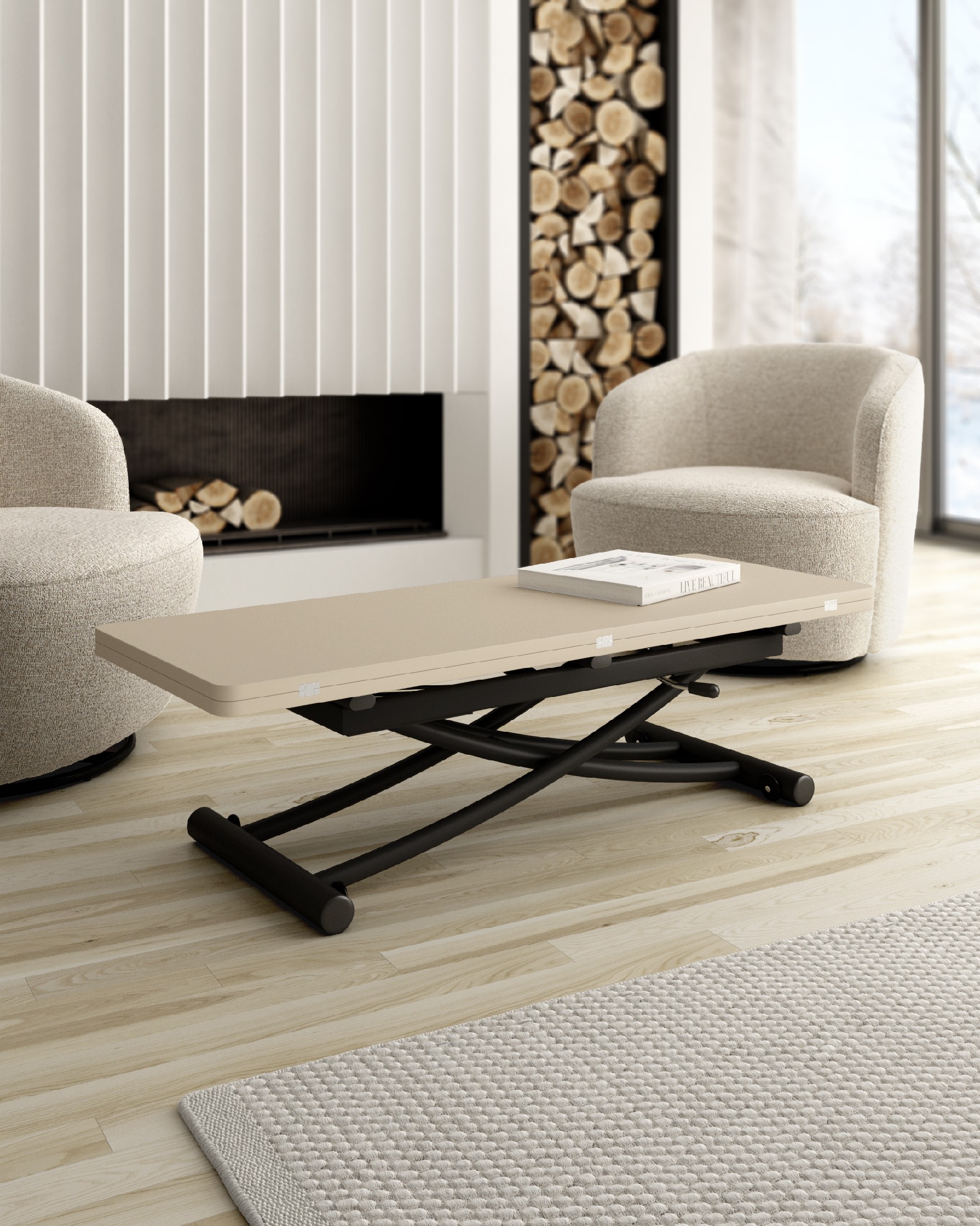 Morfeo liftable convertible table with pearl melamine finish and black ...